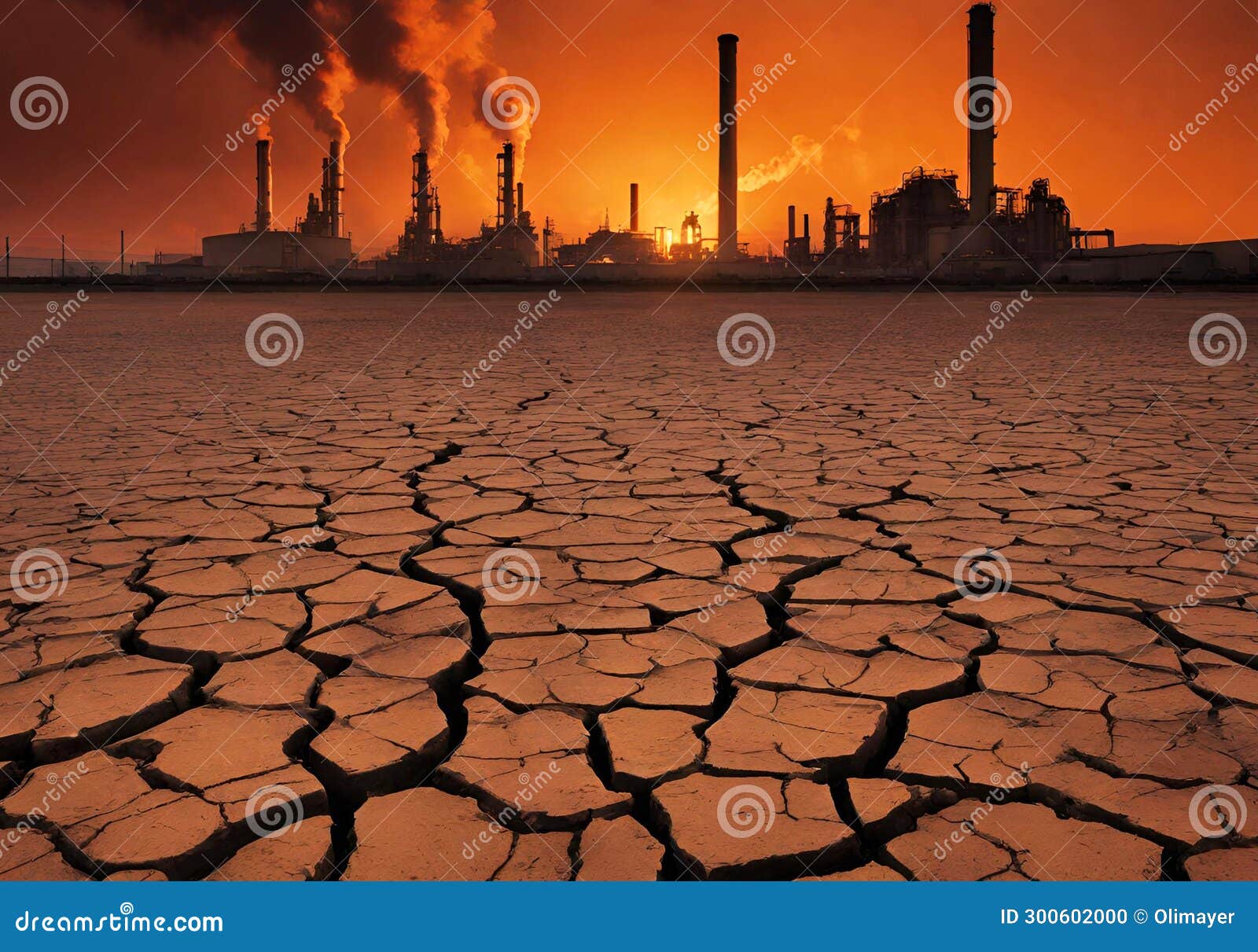 Cracked Dried Earth With Industry Pollution At Sunset Background. Stock ...
