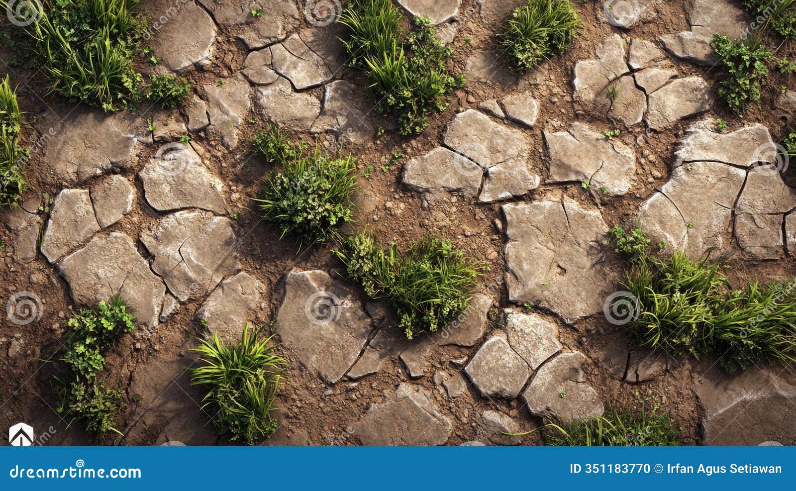 Cracked Earth Ground with Patches of Green Grass Stock Illustration ...