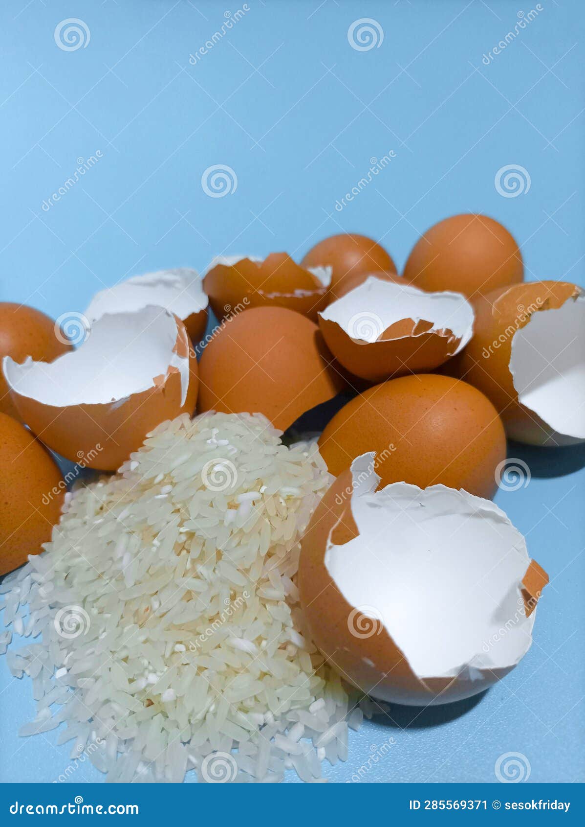 Cracked Egg and Rice on Blue Background Stock Image - Image of eating ...