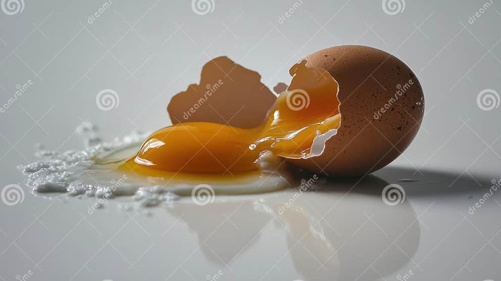 A Cracked Egg with Yolk Spilling Out on a White Surface Stock ...