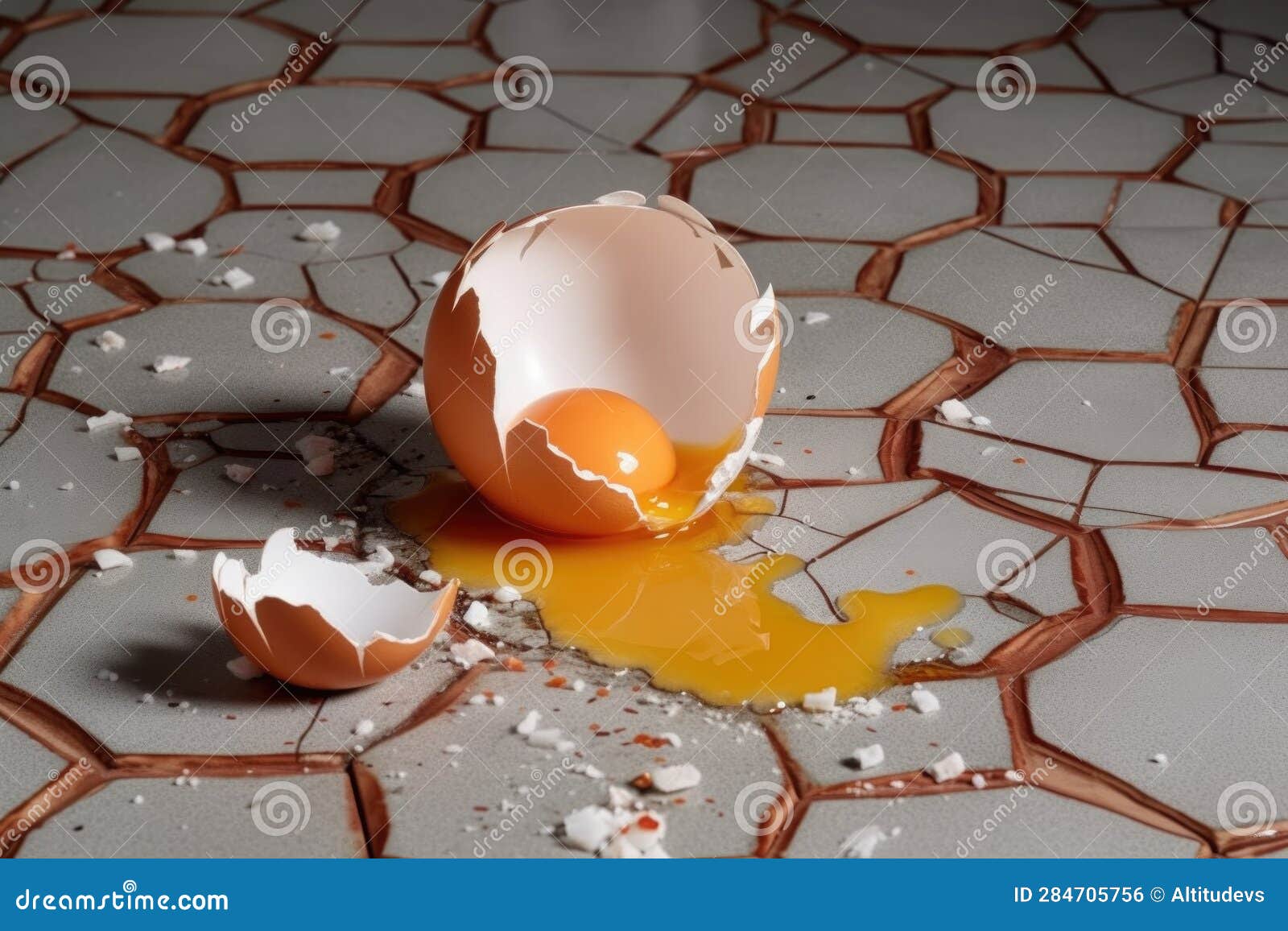 Cracked Egg with Yolk Spilling on Tiled Floor Stock Photo - Image of ...