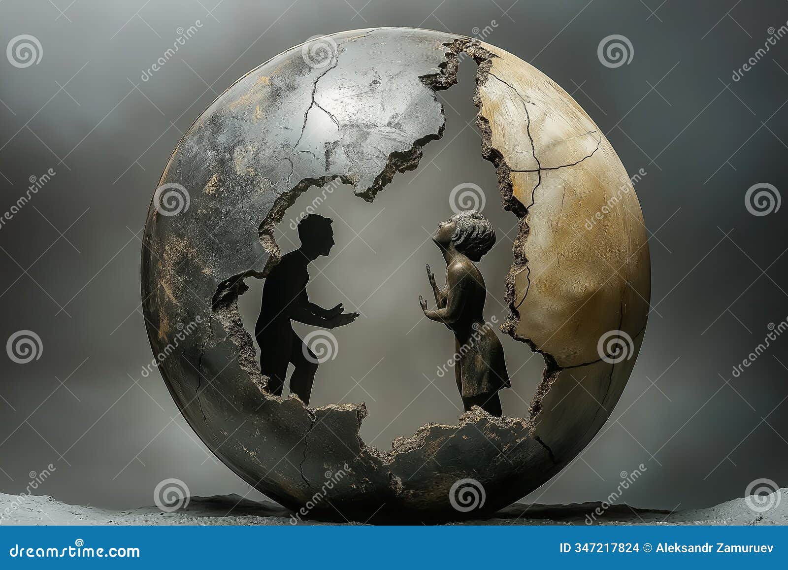 A Cracked Globe Reveals Two Human Figures Engaging in Dialogue ...