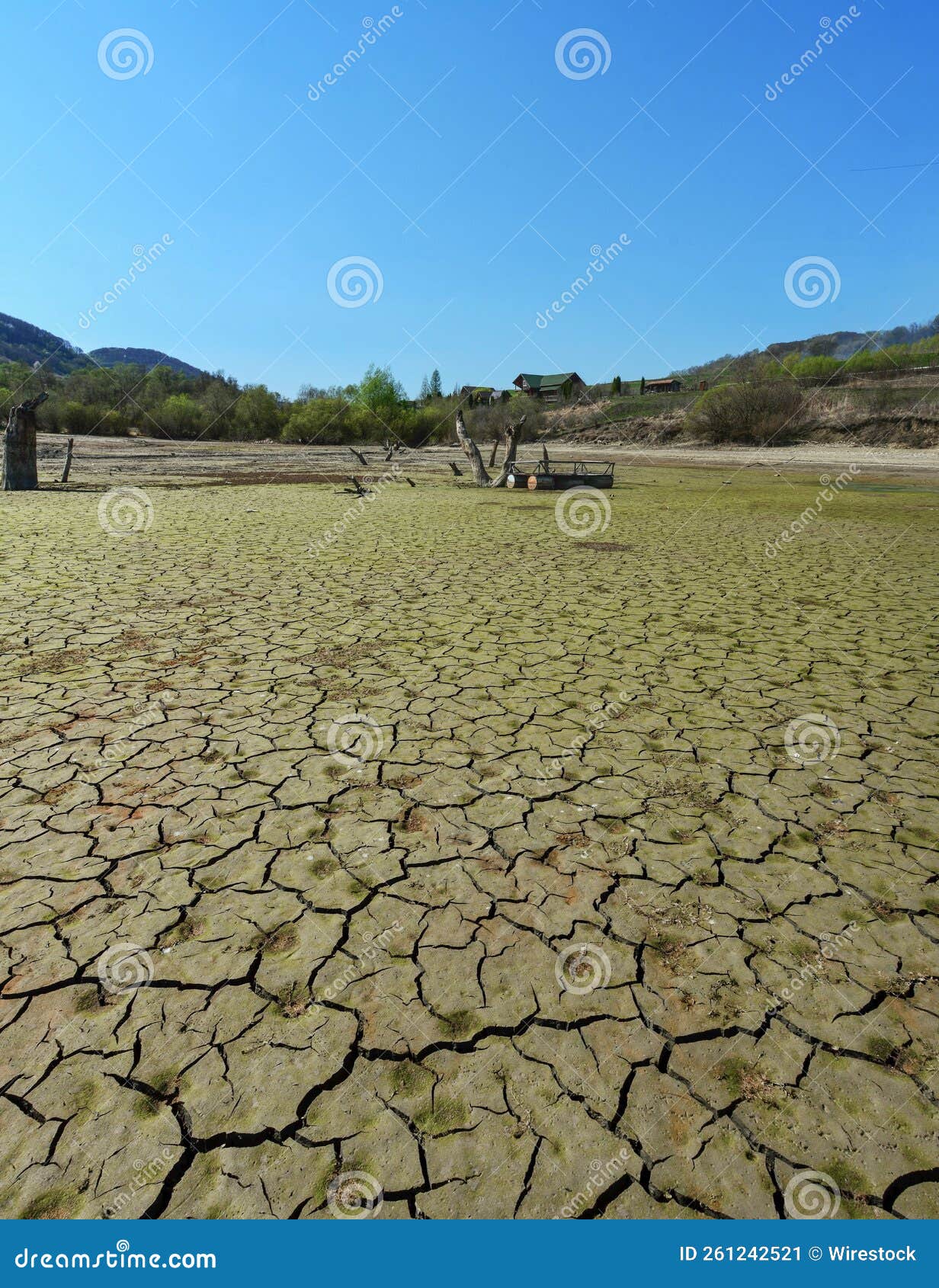 Cracked Mud on the Bottom of a Dried Lake with Forested Hills and the ...