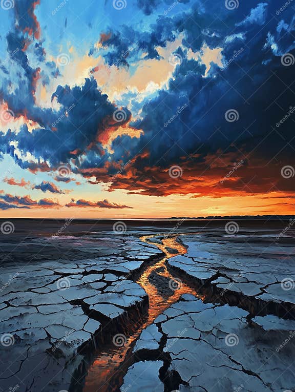 Cracked Mudflat with Winding Stream Under Dramatic Sunset Clouds in an ...