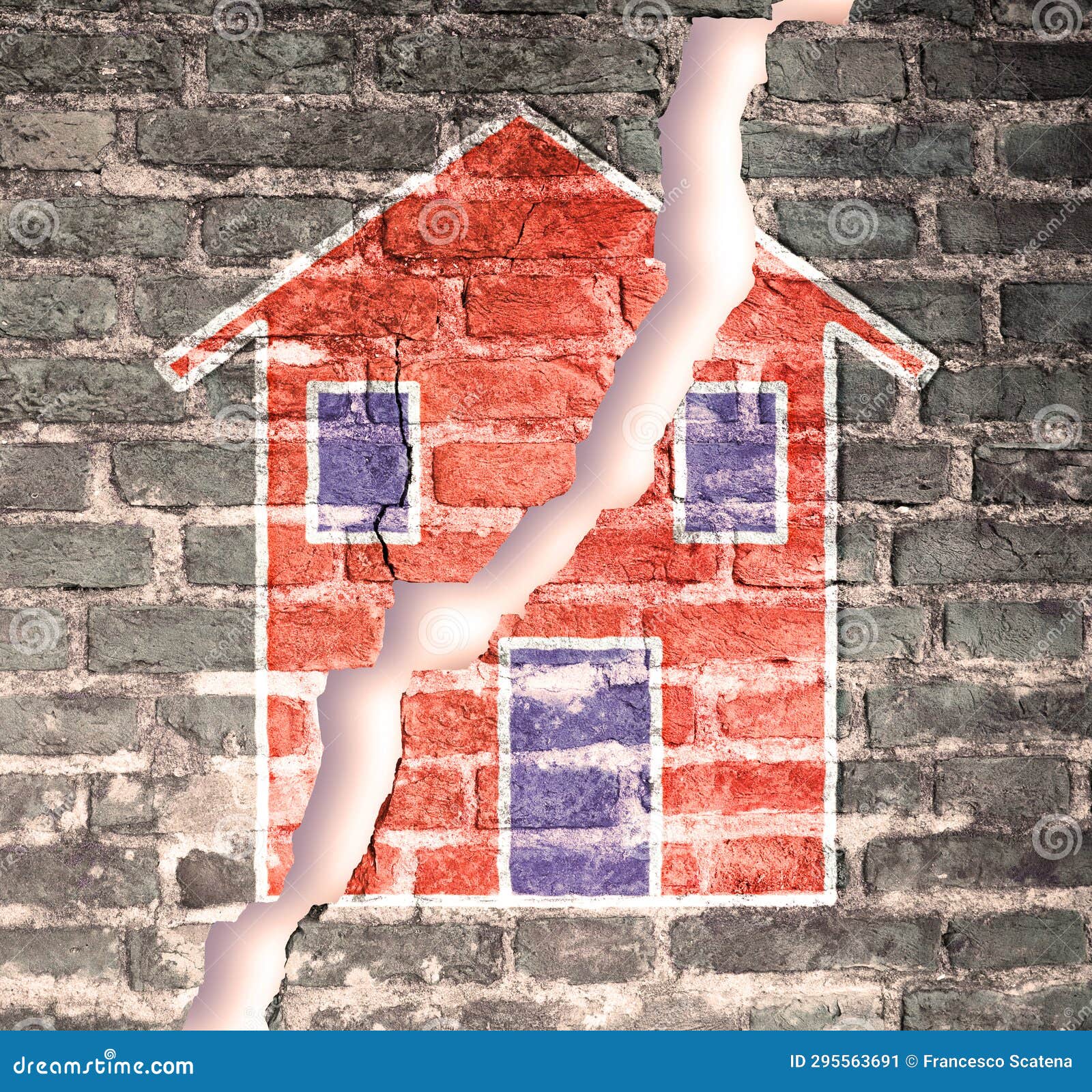 Cracked Old and Aged Broken Brick Wall with a Colored House Drawn on it ...