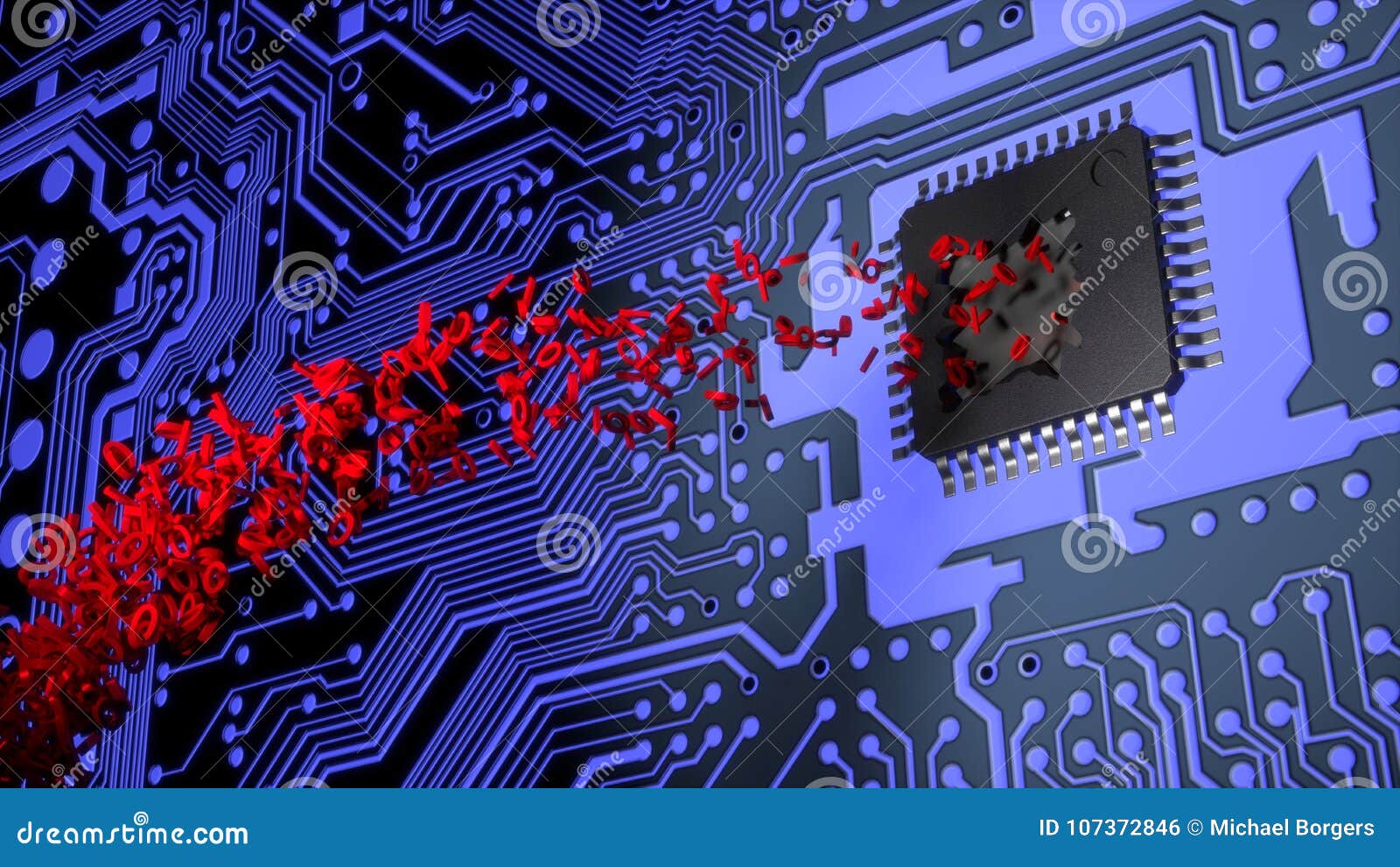 Cracked Open Chip on a Circuit Board Spitting Out Red Binary Stream ...