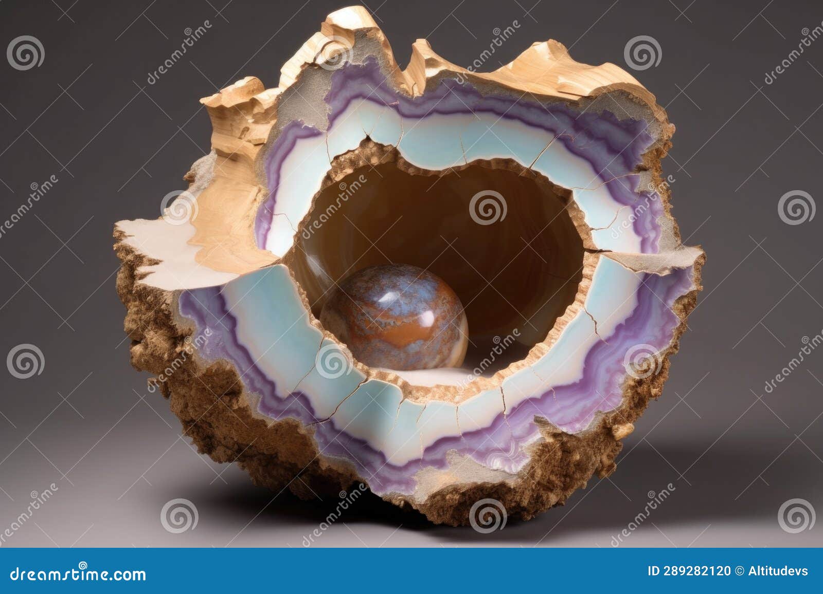 Cracked Open Geode Revealing Fossils Inside Stock Photo - Image of open ...