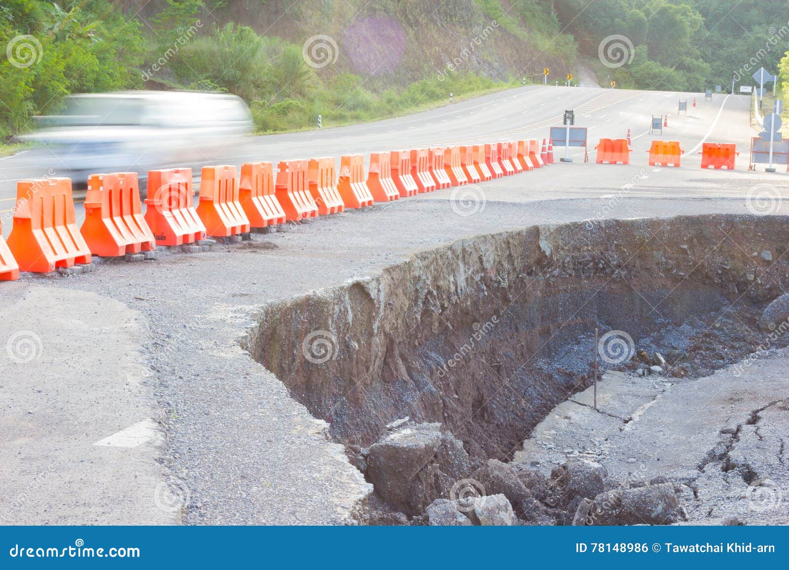 Cracked Road after Earthquake with Yellow Barricade. Stock Photo ...