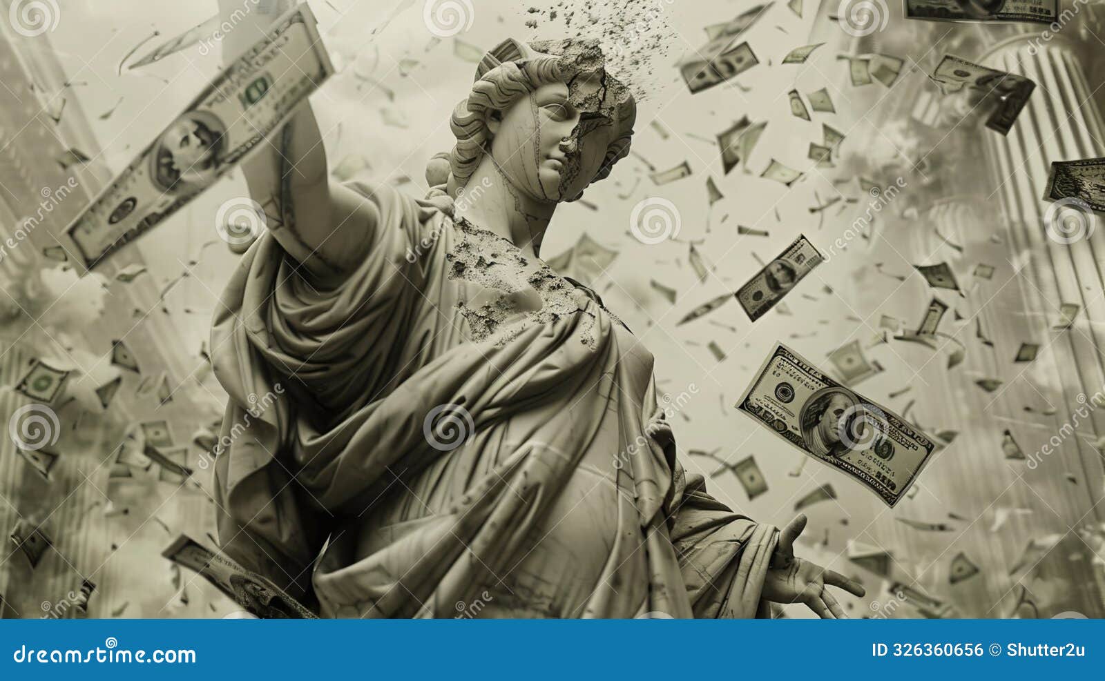 Cracked Statue Amidst Flying Cash Representing the Fragility of ...