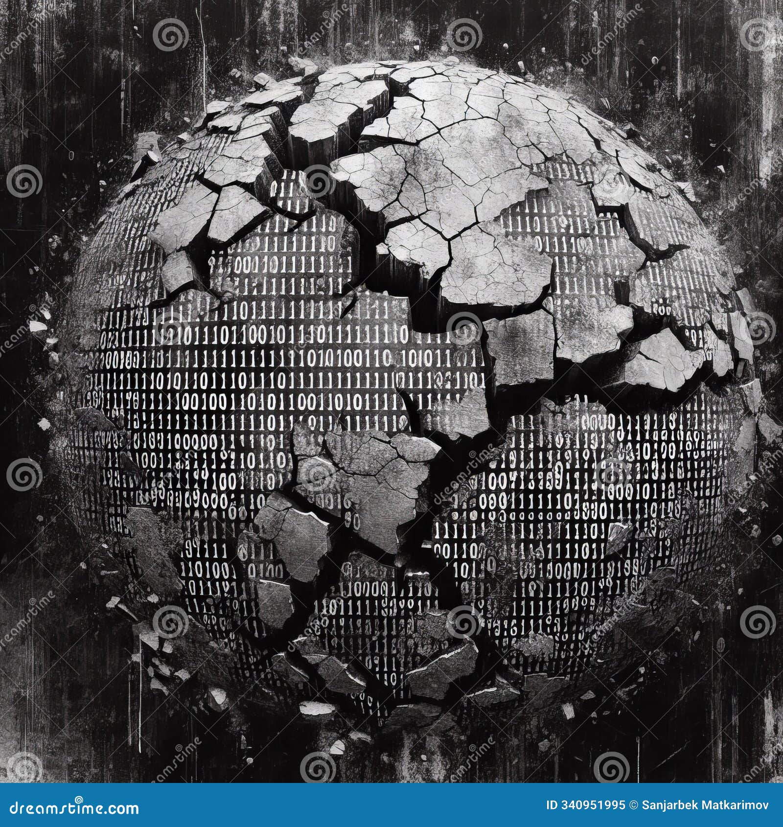 Cracked Surface with ASCII Binary Code a Black and White Grunge Stock ...