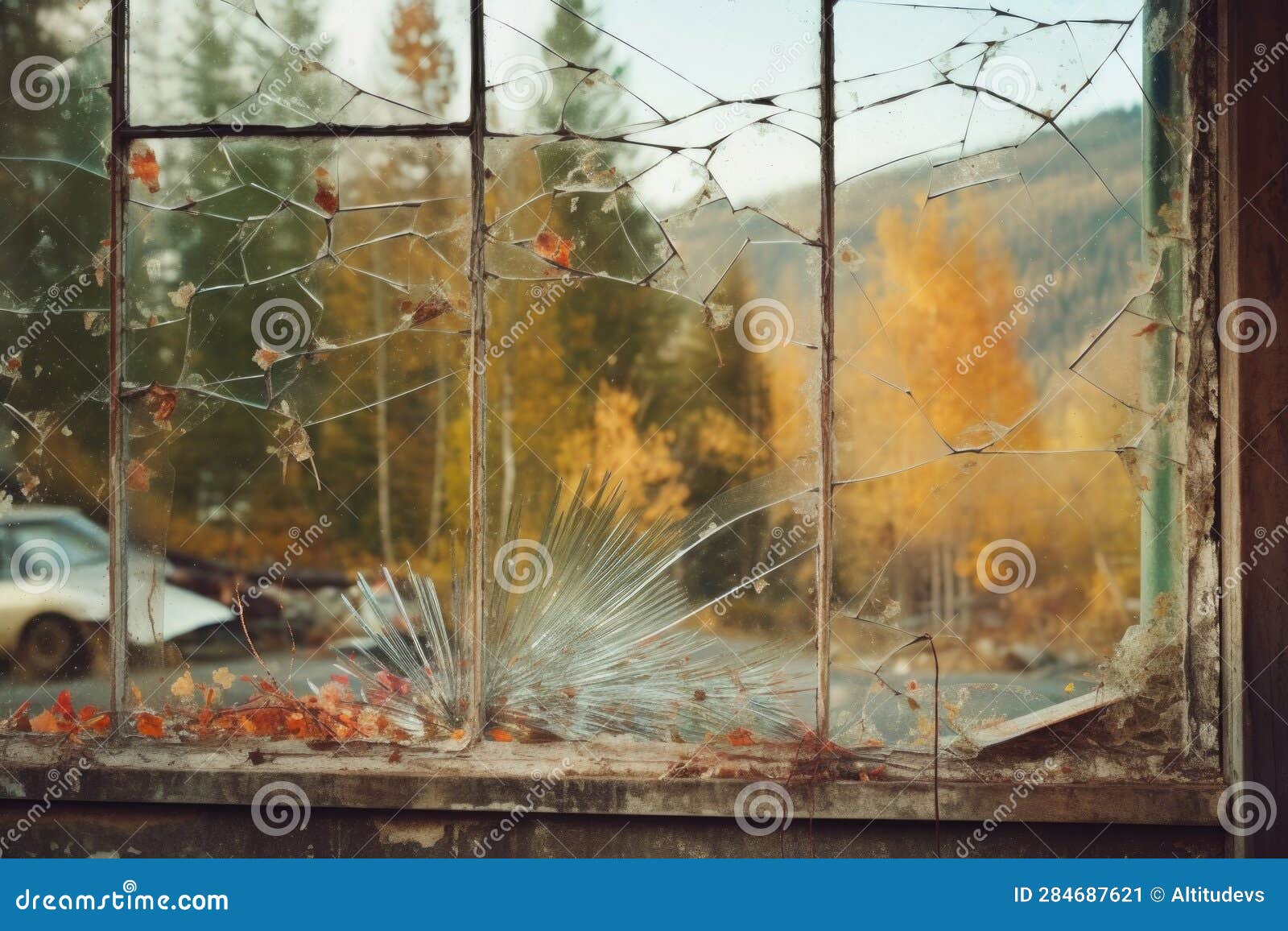 Cracked Window Pane with Blurred Outdoor Scenery Stock Image - Image of ...