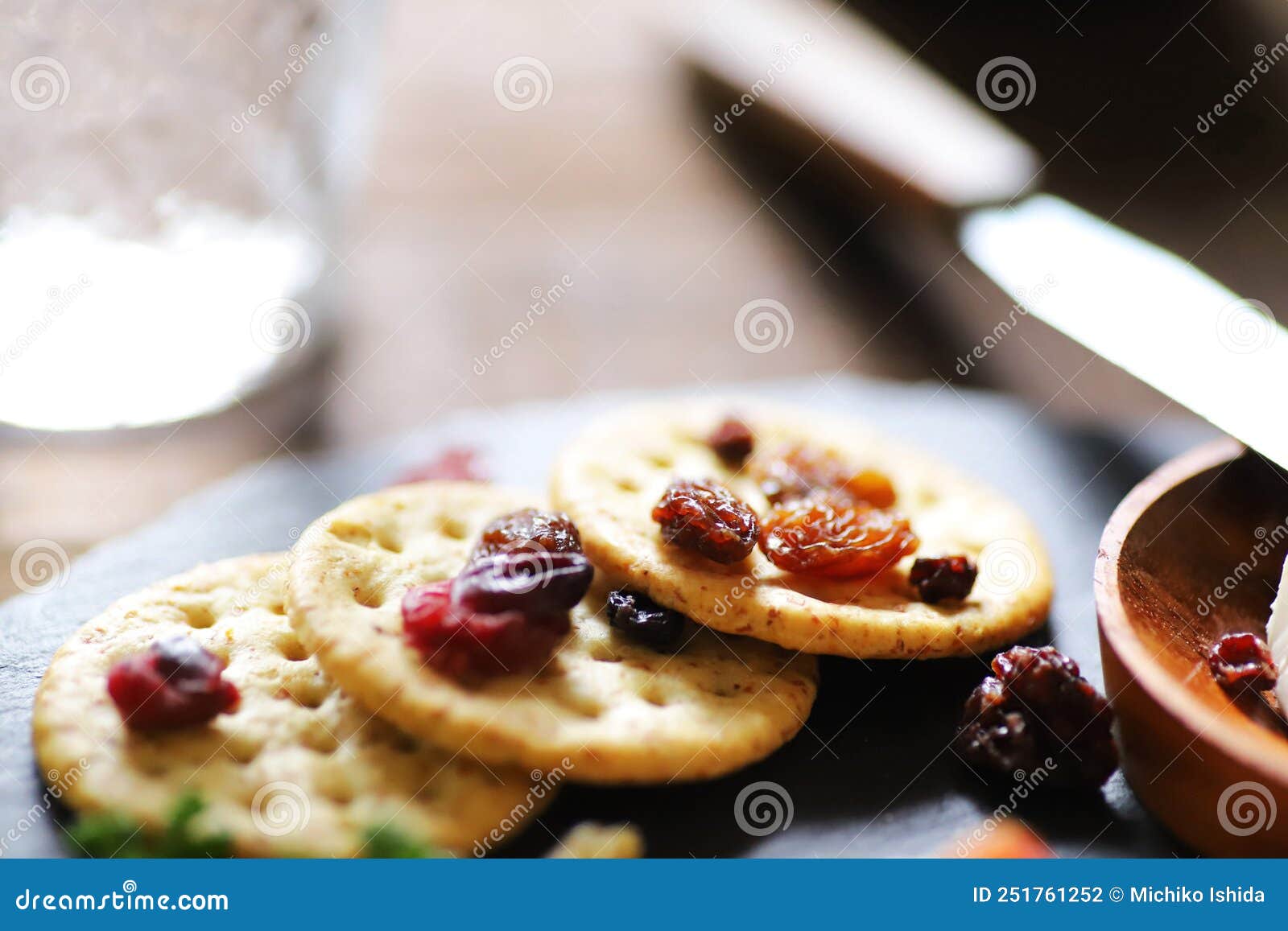 Crackers and Dried Fruit Snacks Stock Photo - Image of slate, glass ...