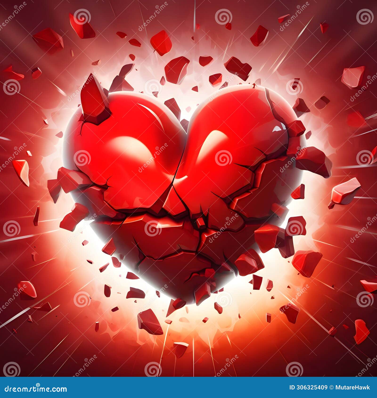 Cracking Big Red Heart, Chipping Shards Red Background. Heart As a ...