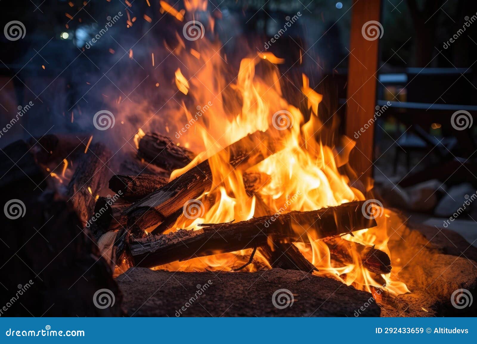 Crackling Wood Fire with Flames Leaping High at Night Stock ...