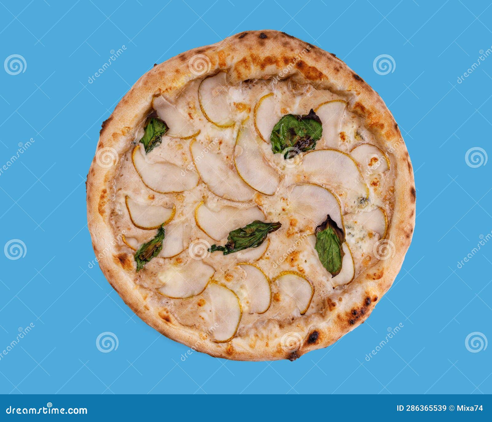 Craft Appetizing Pizza with Pear and Mozzarella on a Blue Background, Studio Shot 1 Stock Image ...