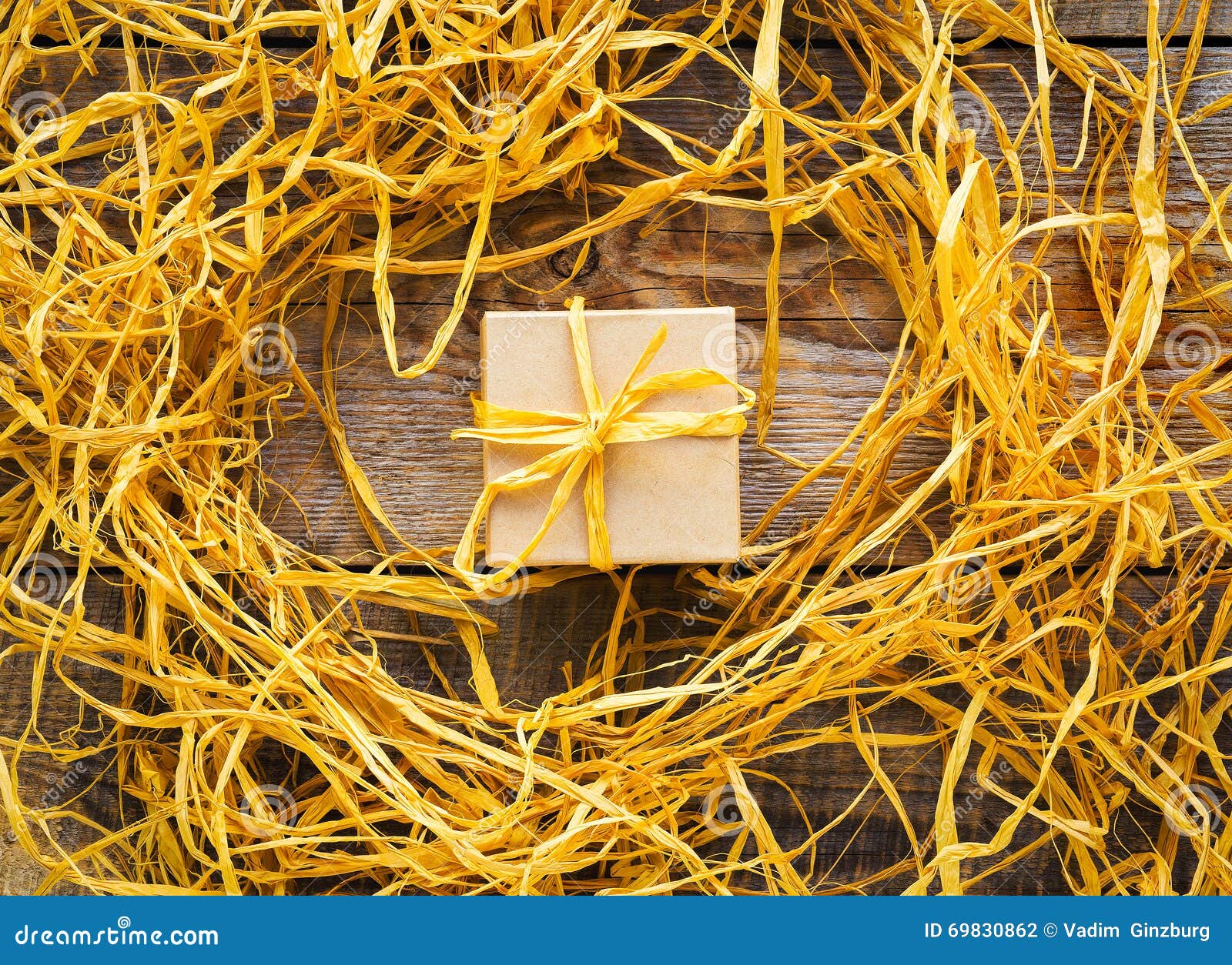 Craft Gift Box on Wooden Table with Raffia or Twine Stock Photo - Image ...