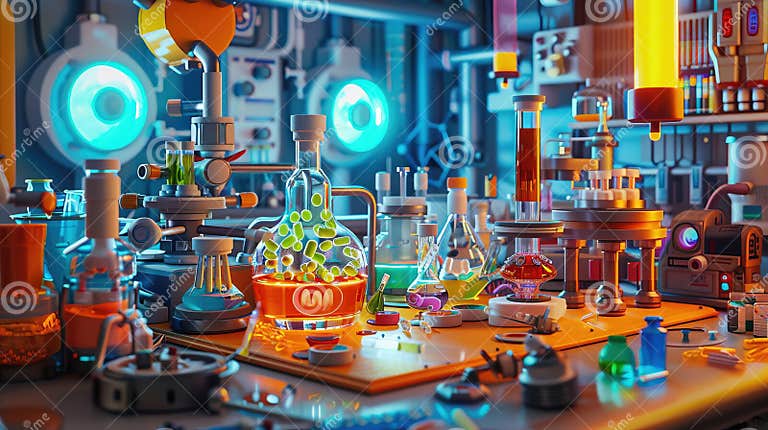 Craft a Highangle View Illustration of a Comical Scene in a Science Lab ...