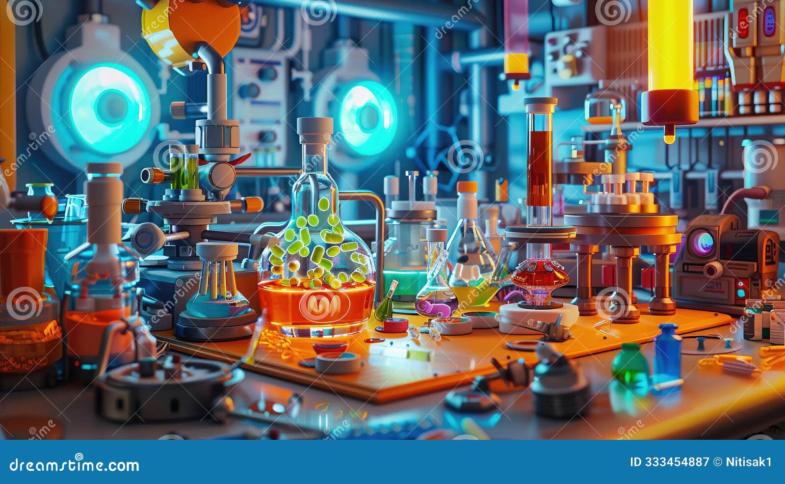 Craft a Highangle View Illustration of a Comical Scene in a Science Lab ...