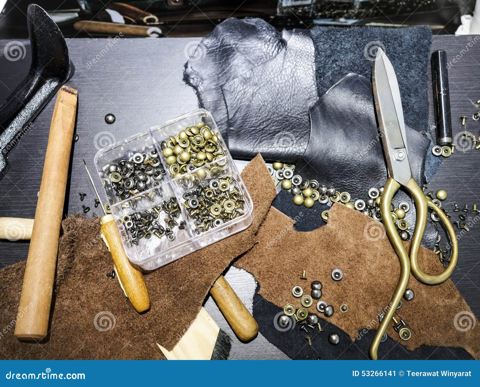 Craft Tools and Leather on Table Top View Stock Image - Image of ...