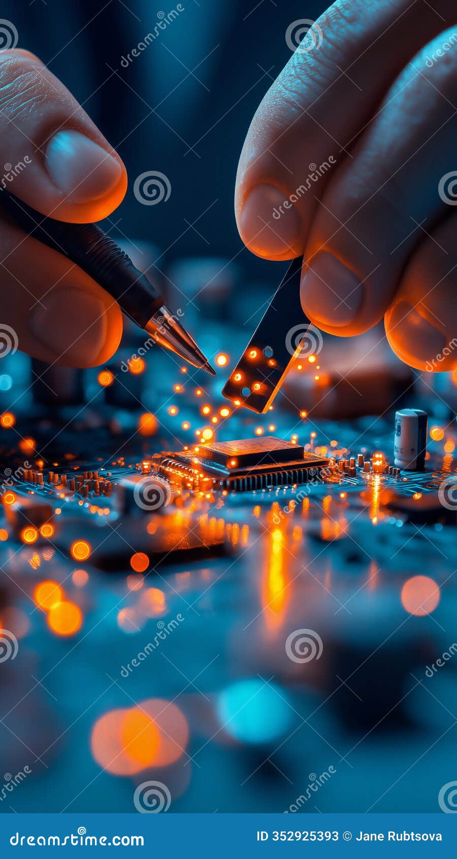 Crafting a Circuit Board Under Warm Lights in a Focused Workspace Stock ...