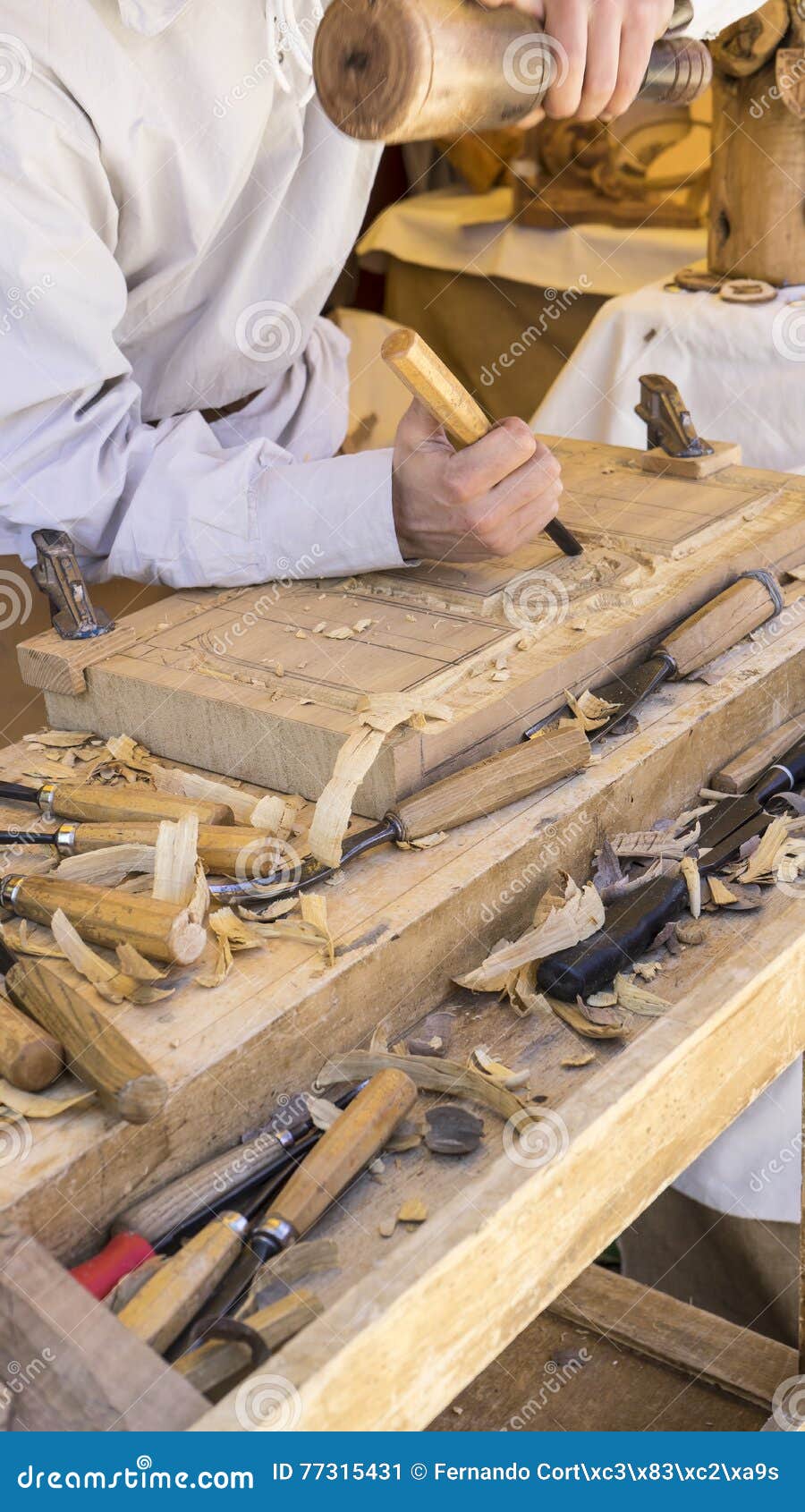 Craftsman Carving Wood in a Medieval Fair, Carpentry Tools Stock Image ...