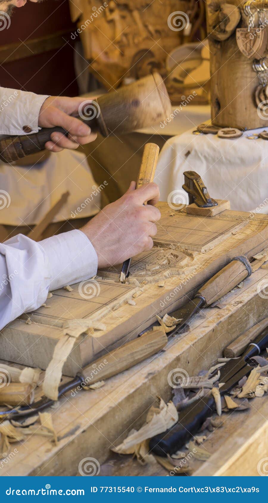 Craftsman Carving Wood in a Medieval Fair, Carpentry Tools Stock Photo ...