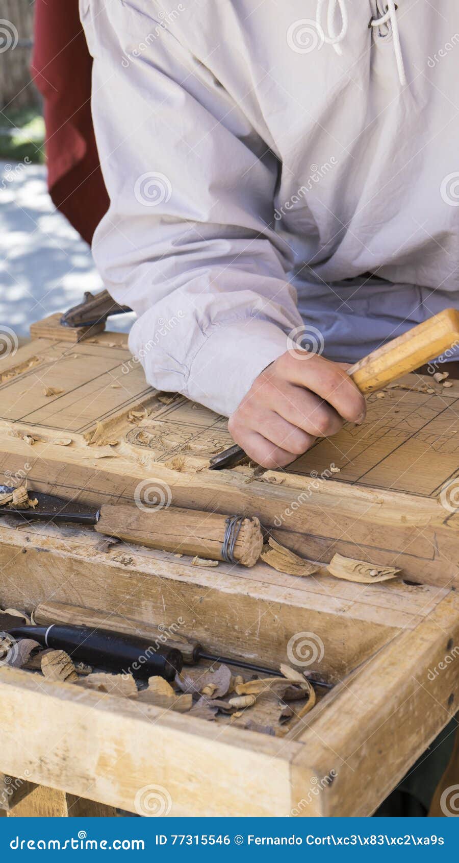 Craftsman Carving Wood in a Medieval Fair, Carpentry Tools Stock Photo ...