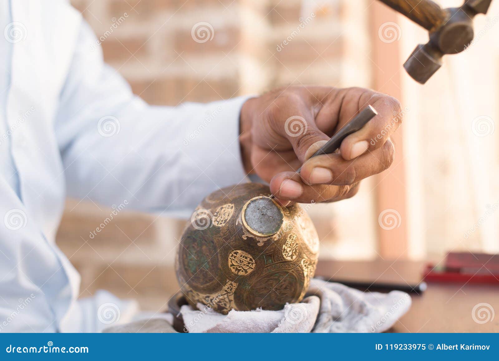 Chaser of copper at work stock image. Image of craftsmanship - 119233975
