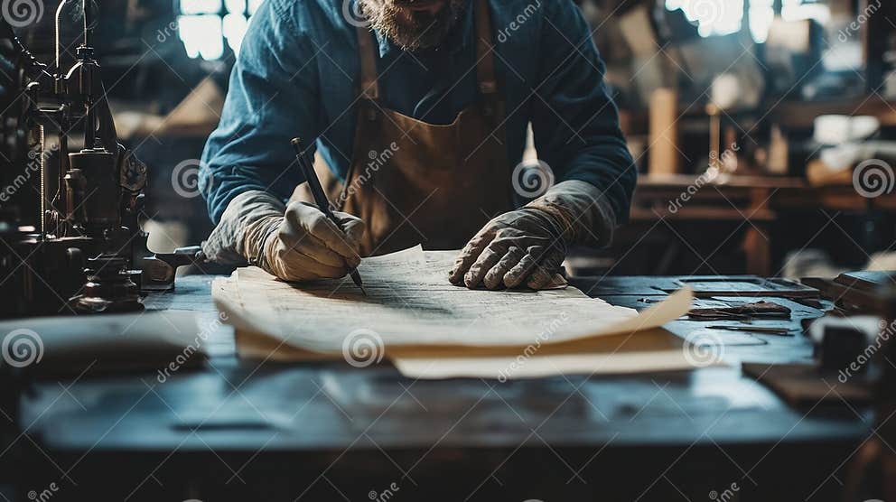 Craftsman Hand Sketching Blueprints on Parchment in a Rustic Workshop ...