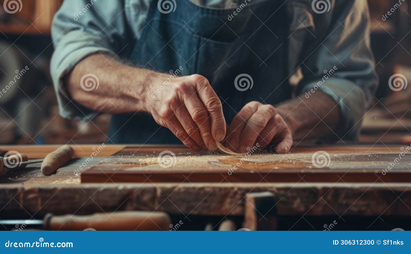 Craftsman Hands Carving Wood with Precision in a Dusty Workshop. Stock ...