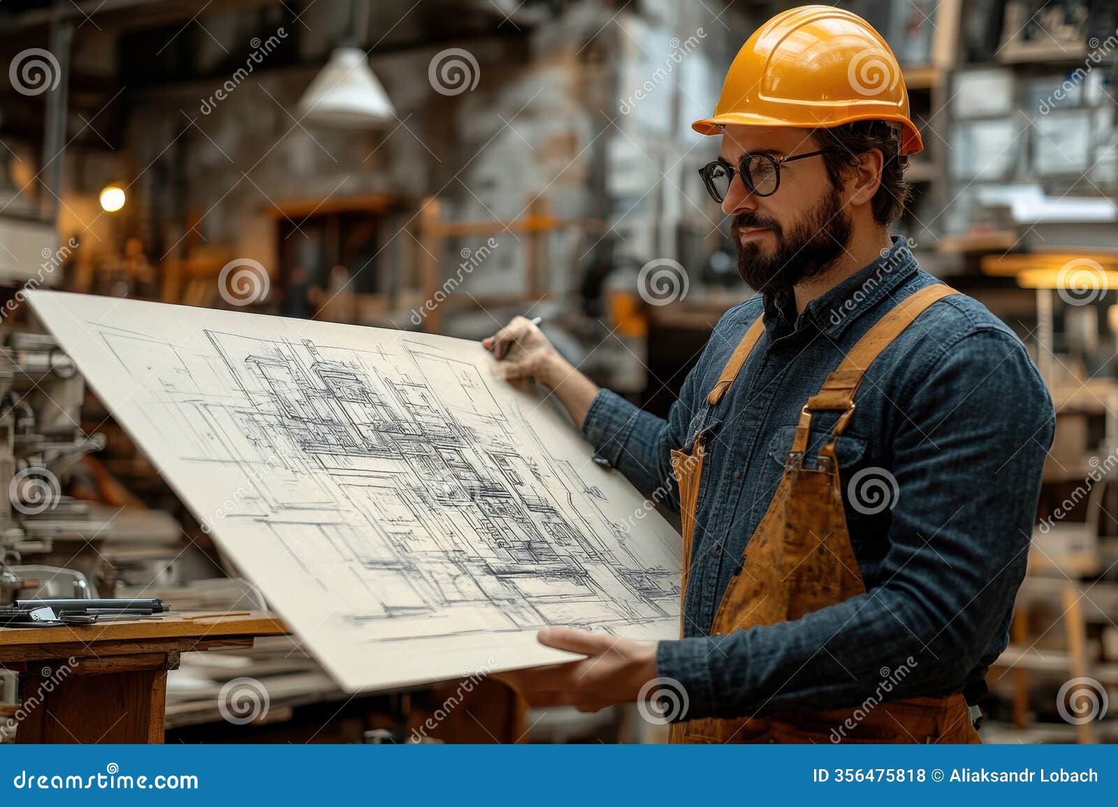 Craftsman Holding a Detailed Architectural Drawing in a Workshop Filled ...