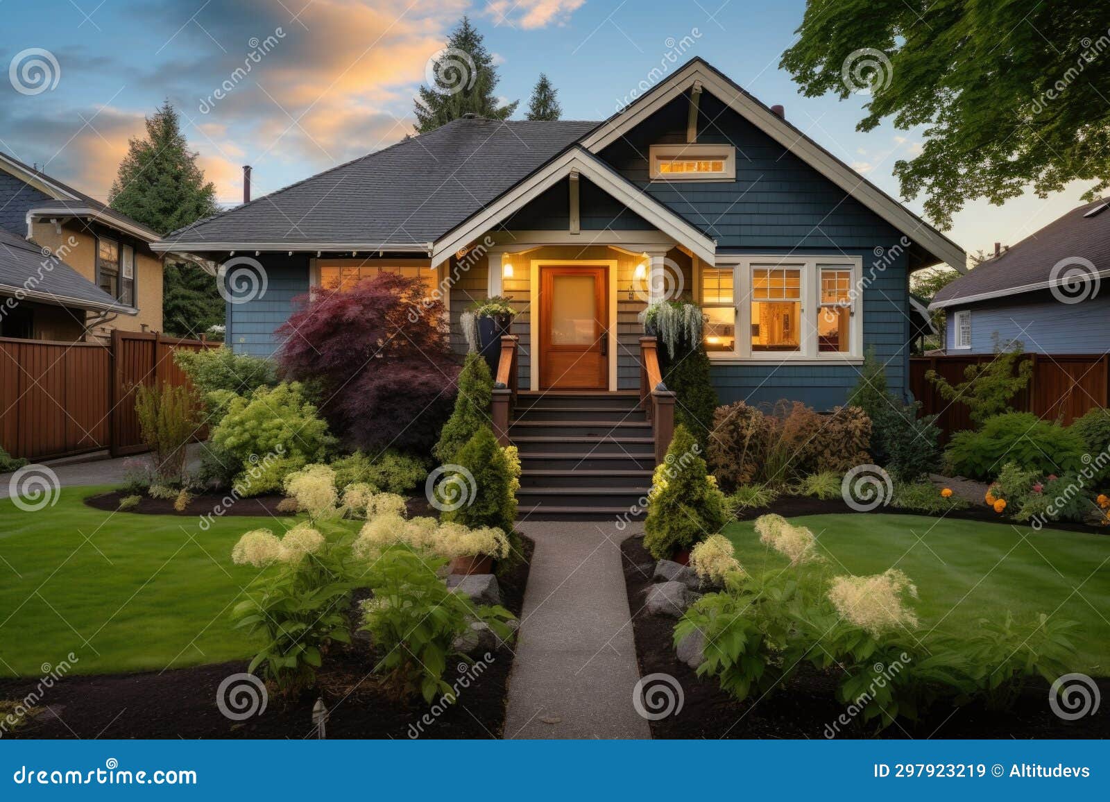 Craftsman Home Featuring a Central Gable and Lush Front Yard Stock ...
