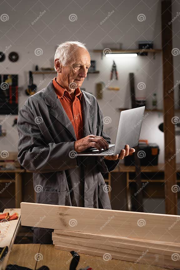 Craftsman Master Using Laptop Computer Standing in His Carpentry ...
