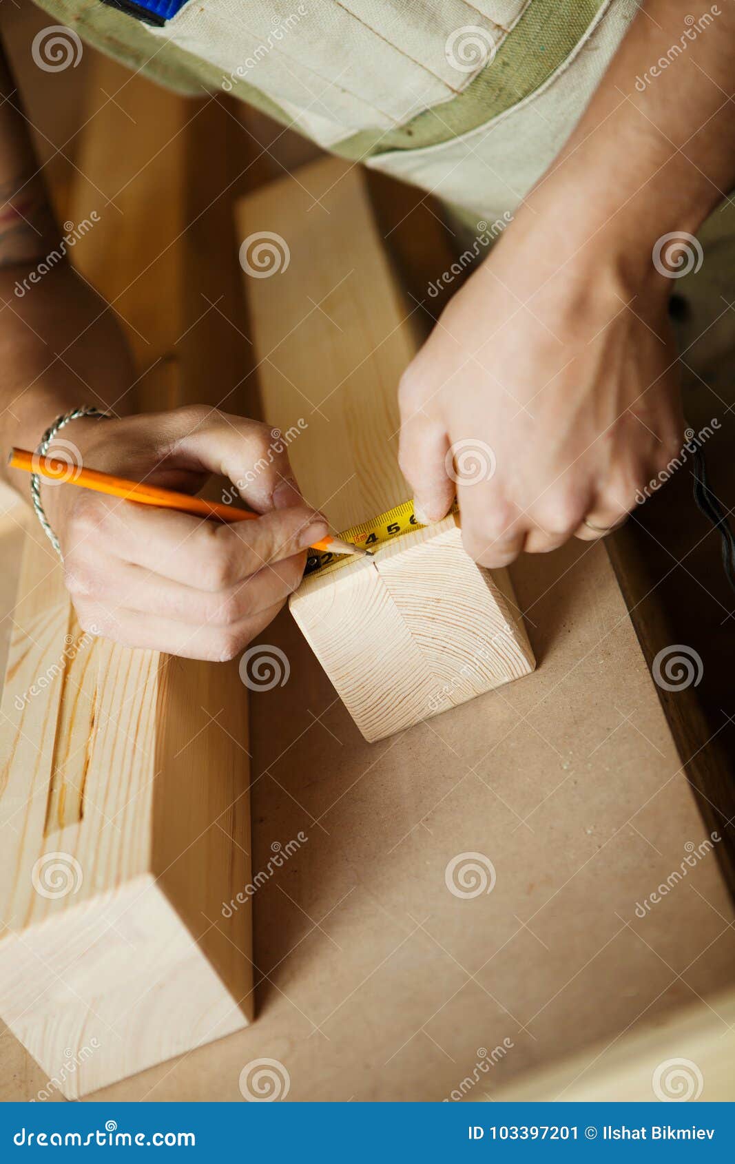 Craftsman Measure Wooden Planks with Help of Ruler. Woodworker Workshop ...