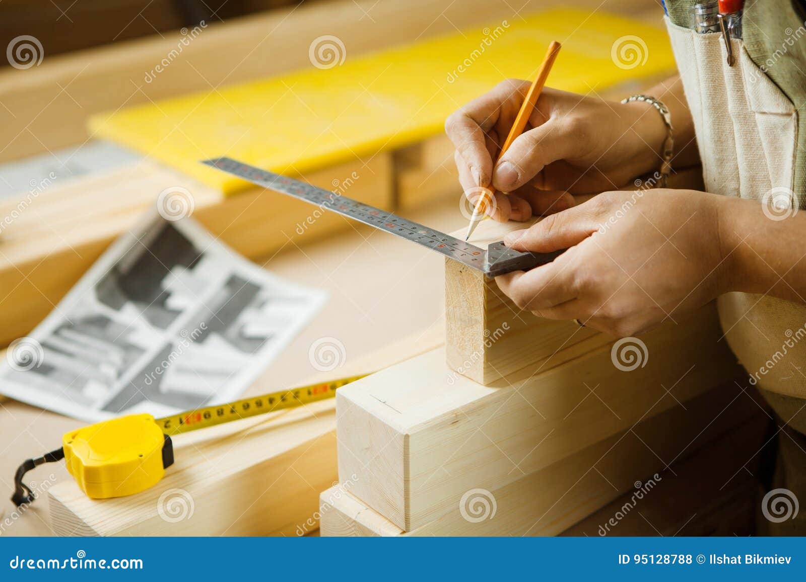 Craftsman Measure Wooden Planks with Help of Ruler. Woodworker Workshop ...