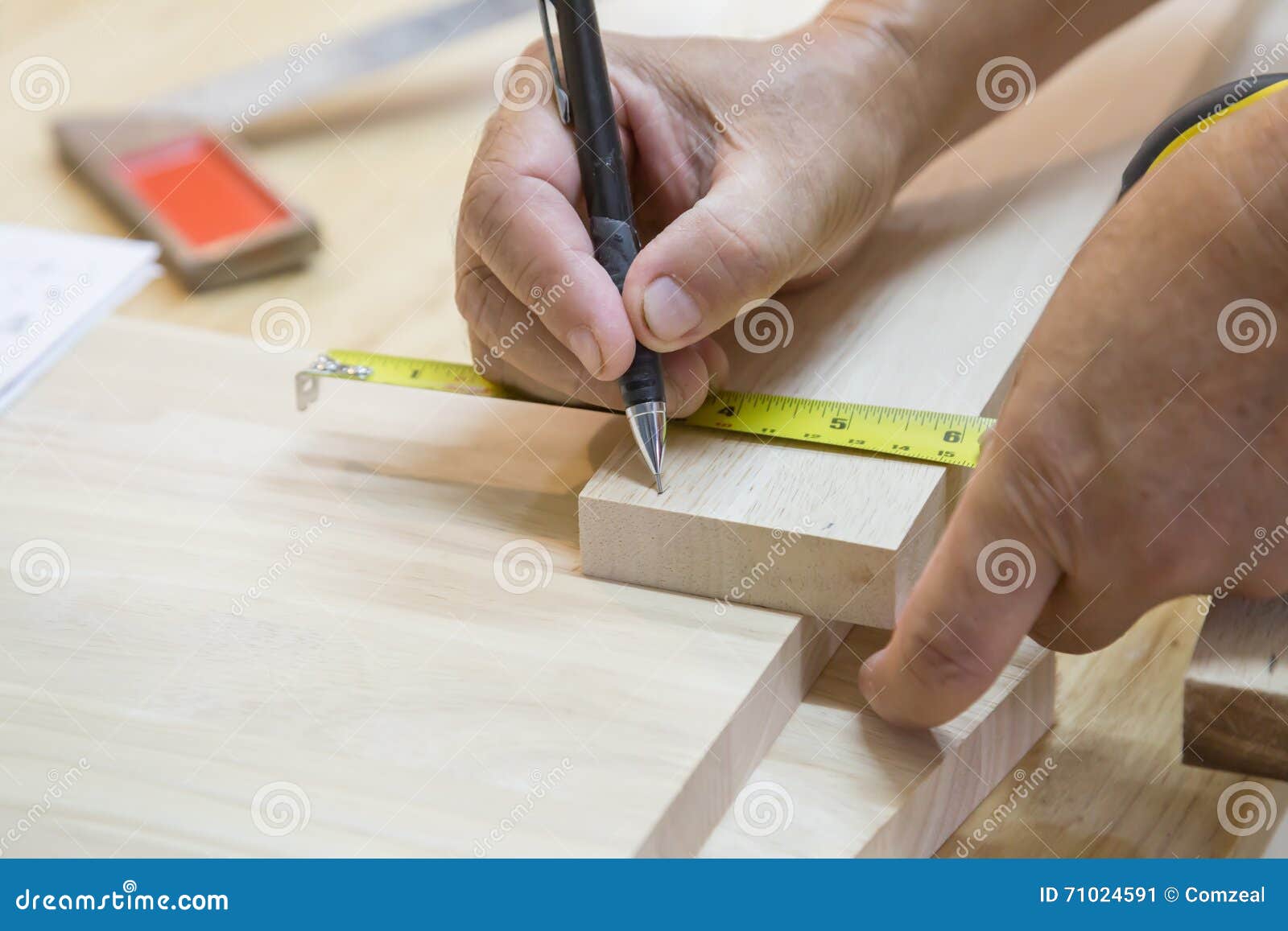 Craftsman Measuring Wood with Ruler Stock Image - Image of male, repair ...