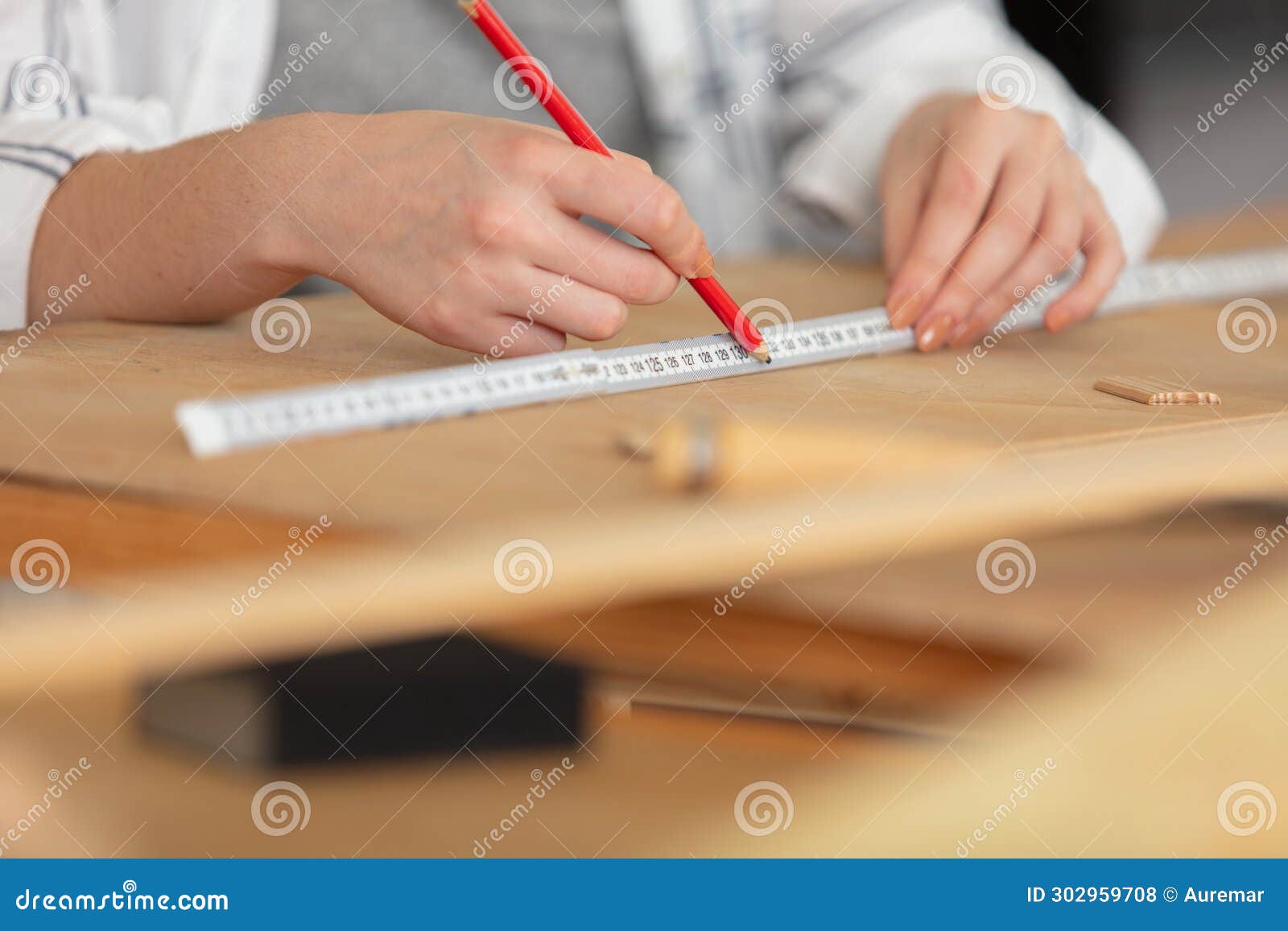 Craftsman Measuring Wooden Plank with Ruler Stock Photo - Image of ...