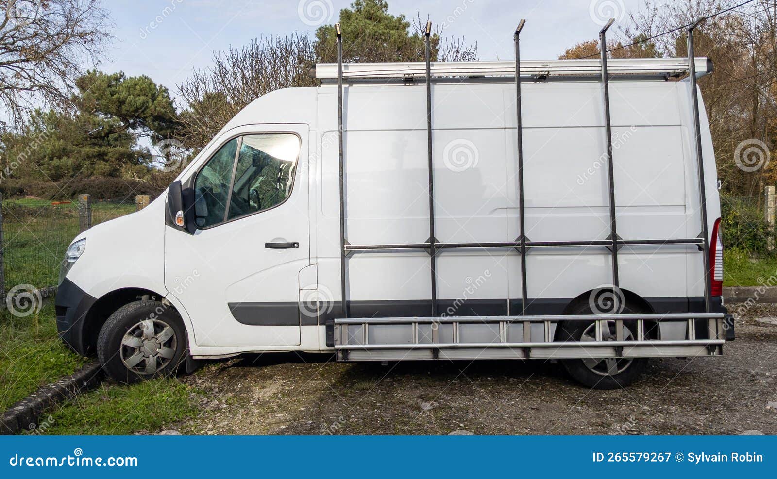 Craftsman Panel Van and Ladder on Side Transports Glass Stock Image ...