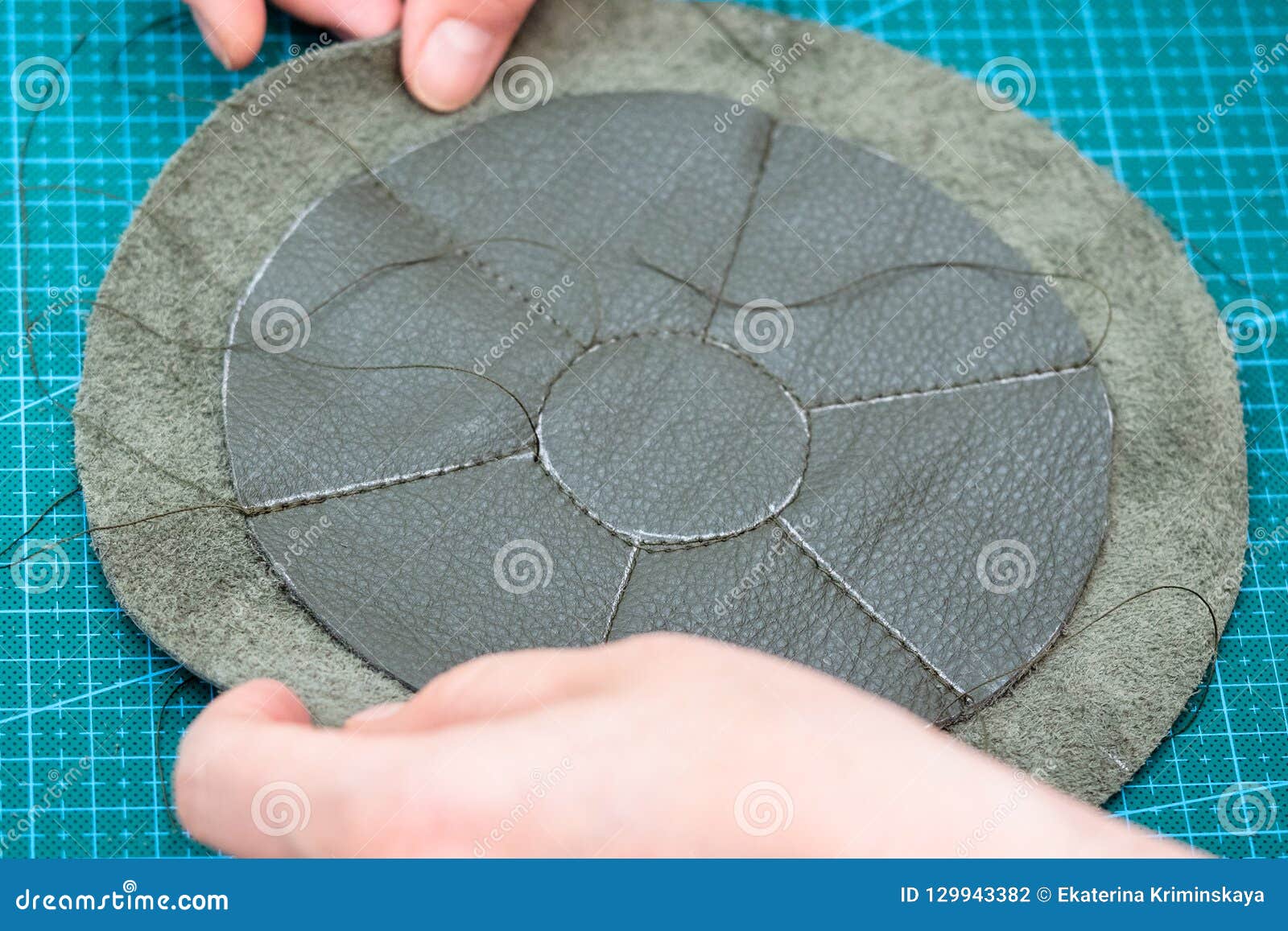 Craftsman Shows Stitched Inner Pockets of Pouch Stock Photo - Image of ...