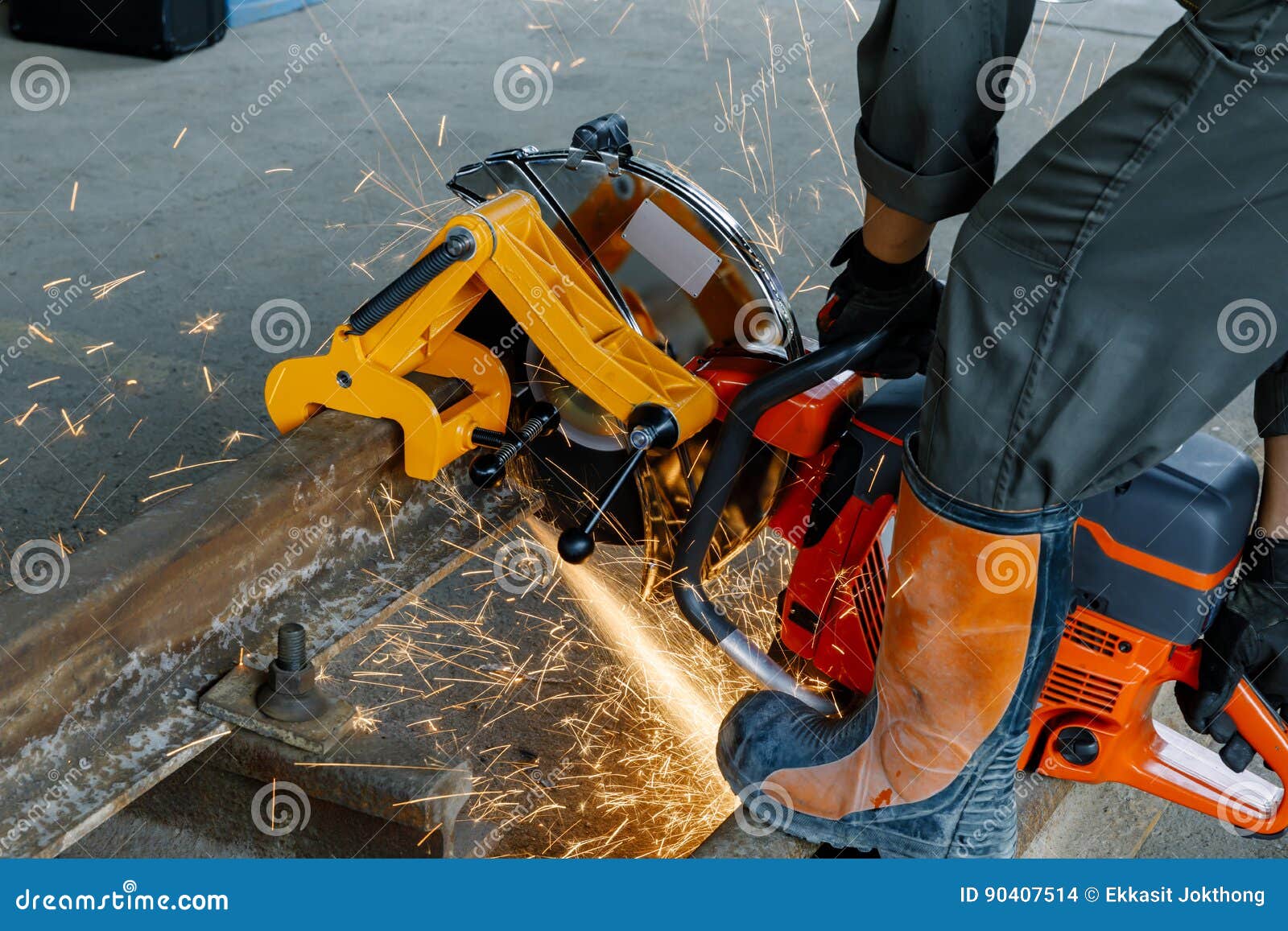 Craftsman Using Machines Cutting Steel Rail Stock Photo - Image of ...