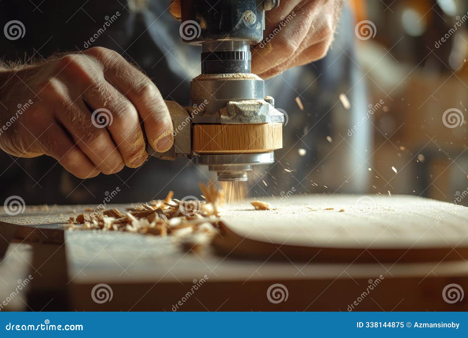 A Craftsman Using a Router To Shape Wood, with Shavings Flying in a ...