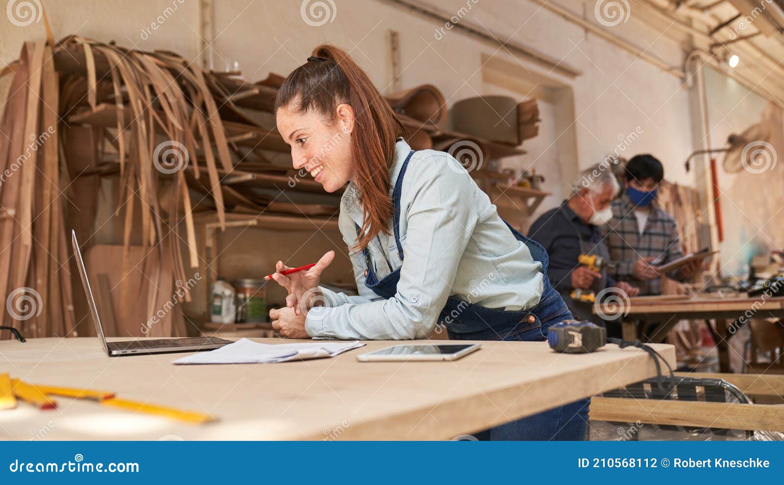 Craftsman Woman Video Chat on Computer Stock Photo - Image of collar ...