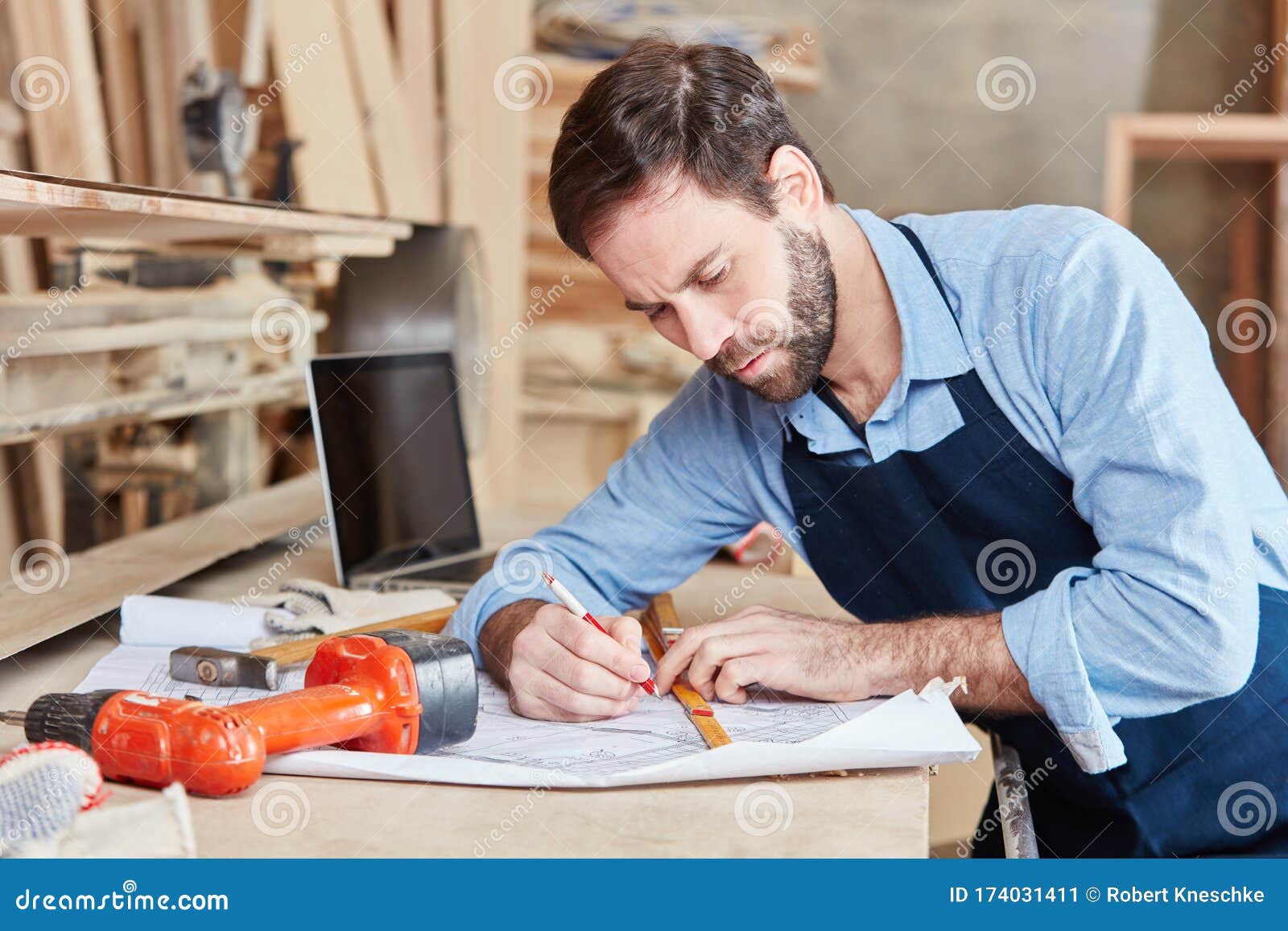 Craftsman in Workshop Draws Plan Stock Image - Image of plan, planning ...