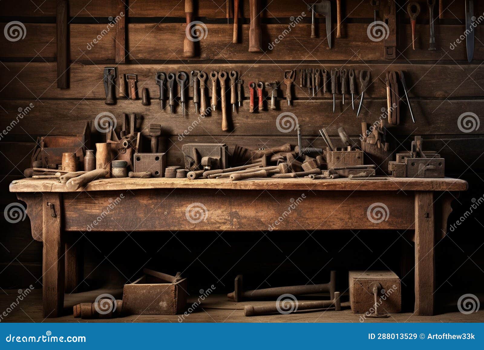 Craftsmans Delight: Blurred Woodworking Tools On Vintage Workbench ...