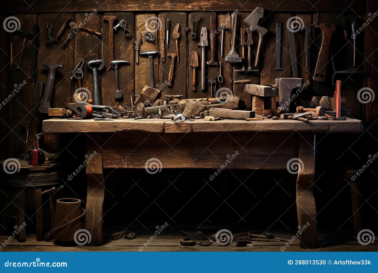 Craftsmans Delight: Blurred Woodworking Tools on Vintage Workbench ...