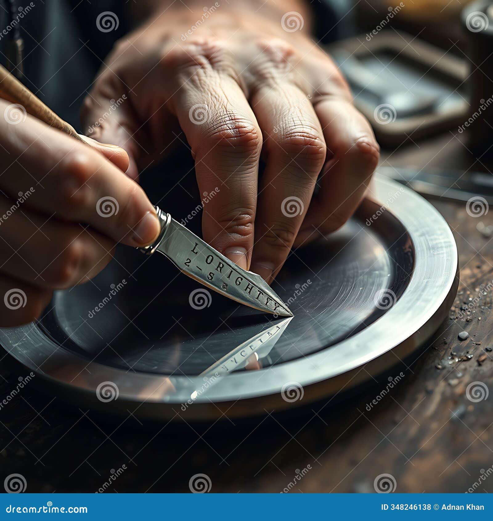 A Craftsmans Hand Holding an Engraving Chisel Working on a Silver Plate ...