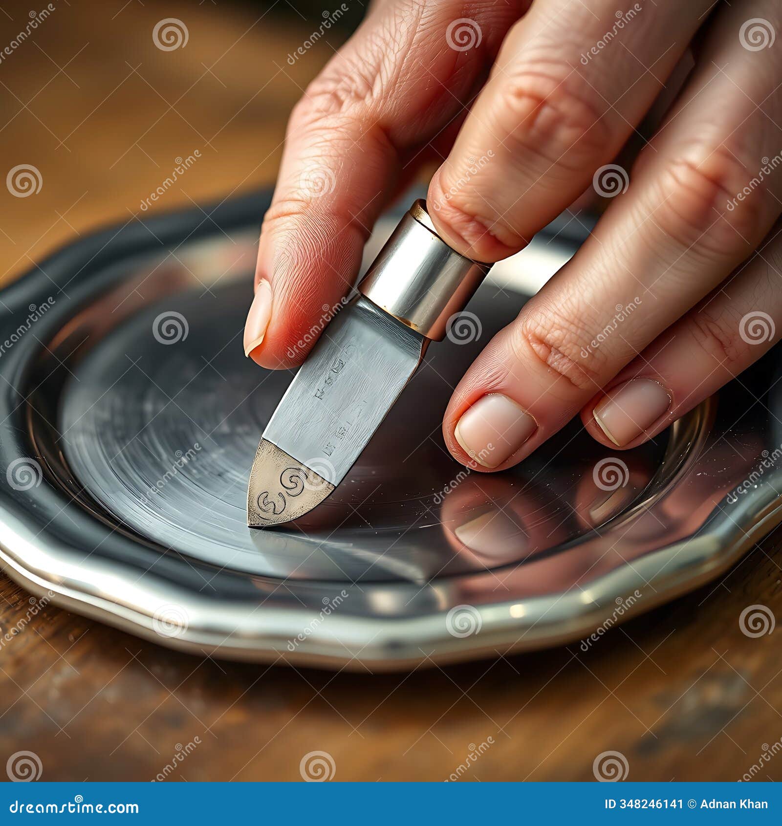 A Craftsmans Hand Holding an Engraving Chisel Working on a Silver Plate ...