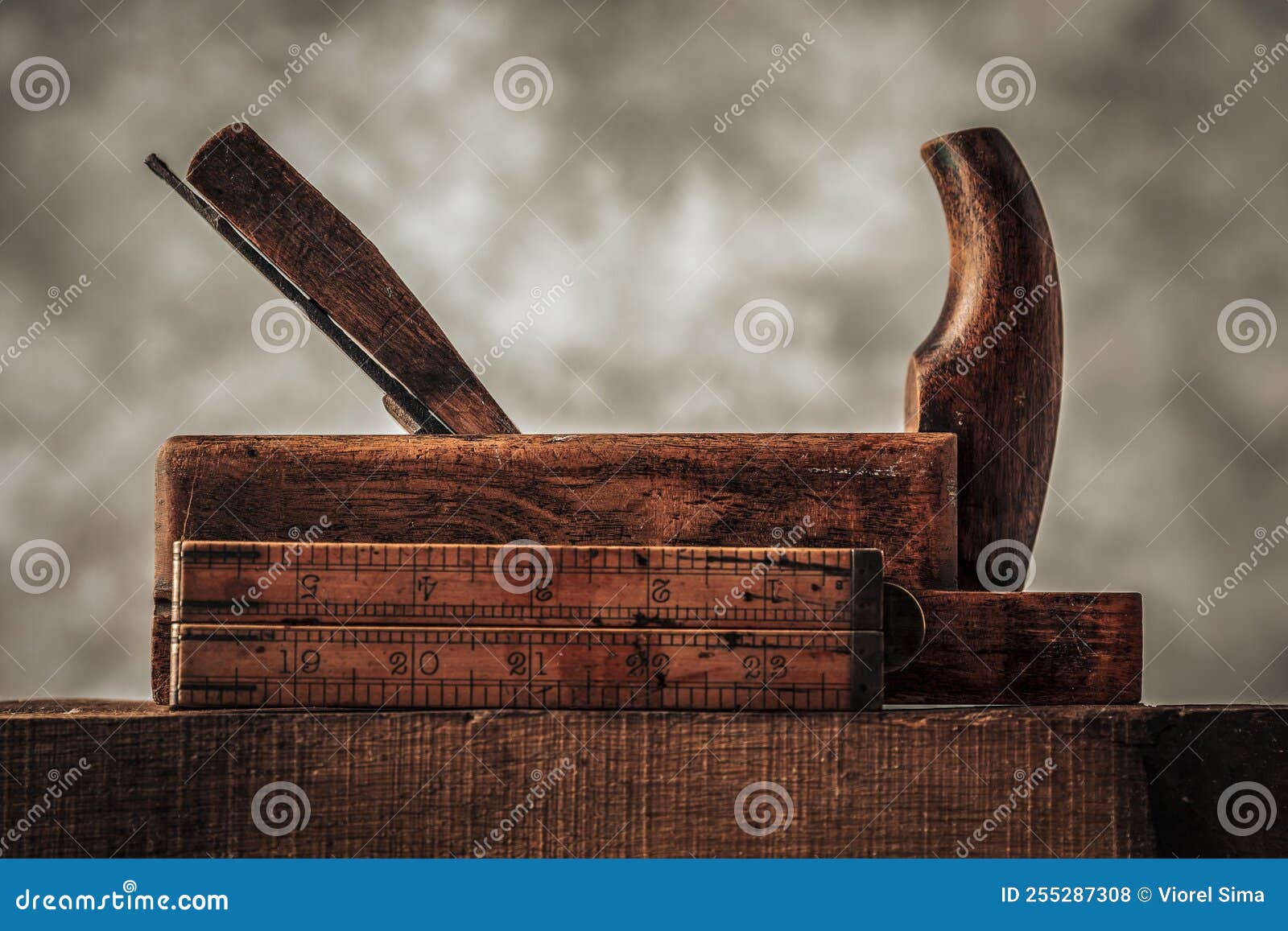 Craftsmanship Concept Illustrated by Carpentry Tools Planer and Ruler ...