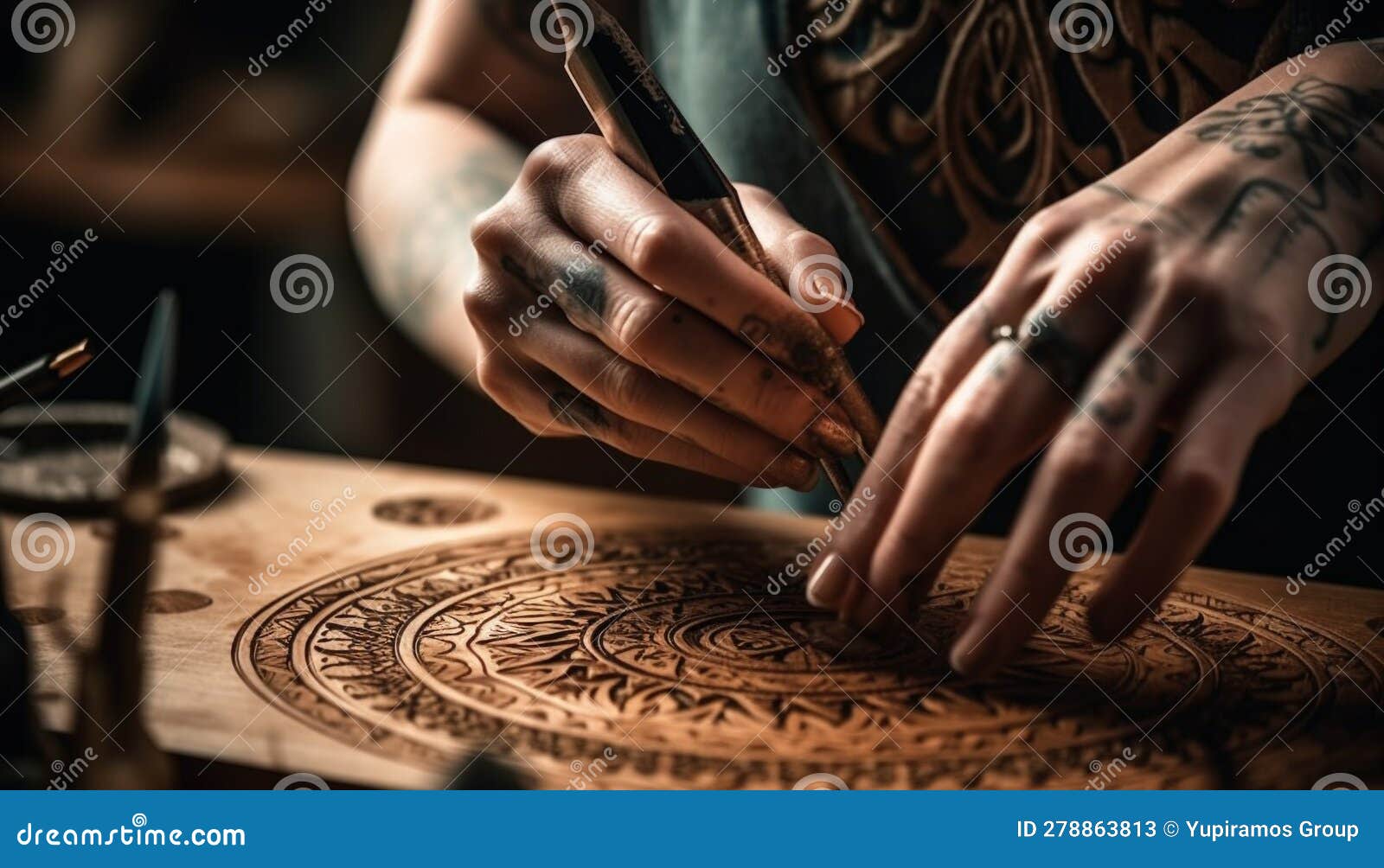 Craftsperson Holding Work Tool Creates Art in Indoor Workshop Studio ...