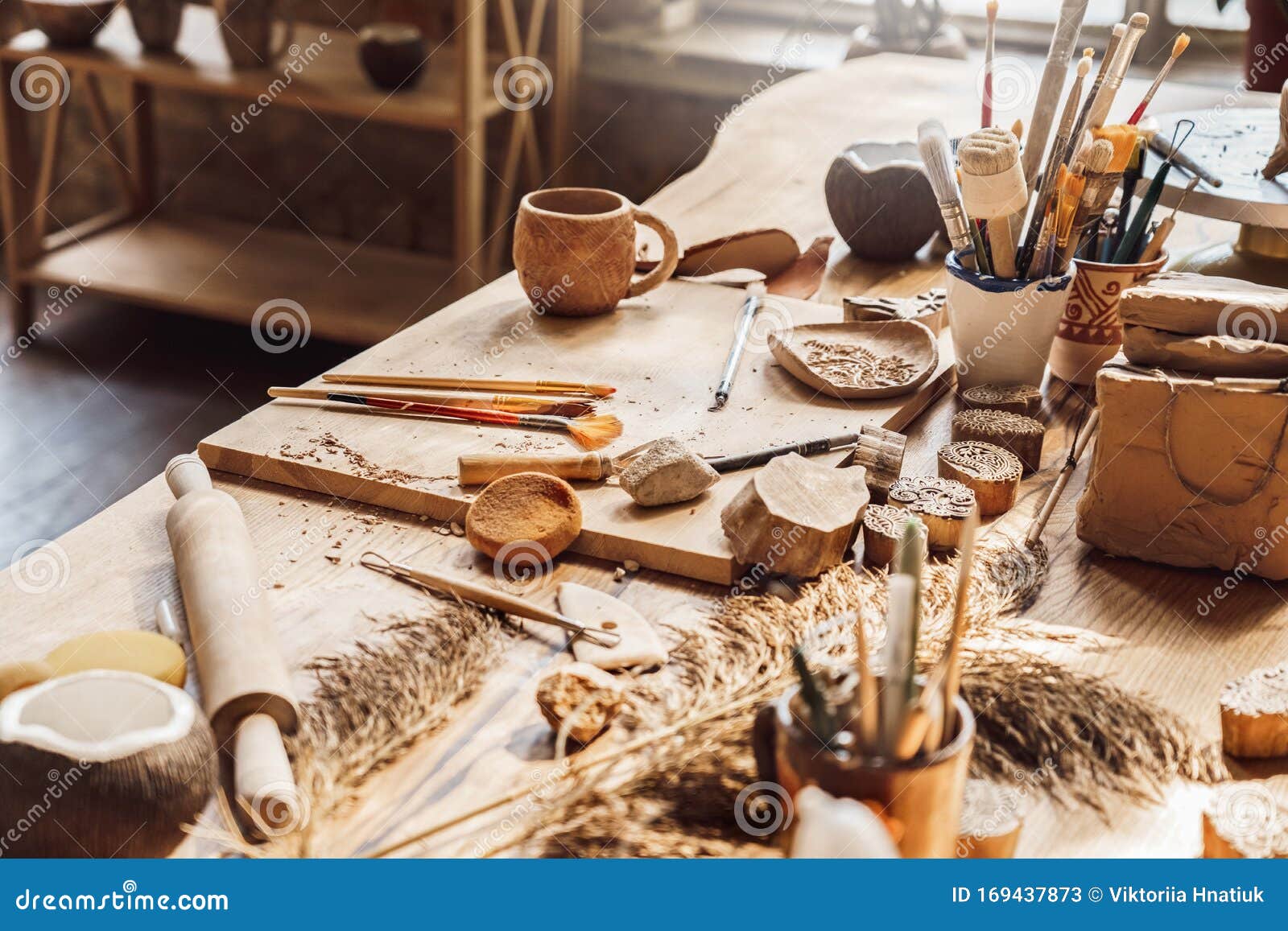 Craftsperson Workspace. Table with Materials and Tools for Pottery ...